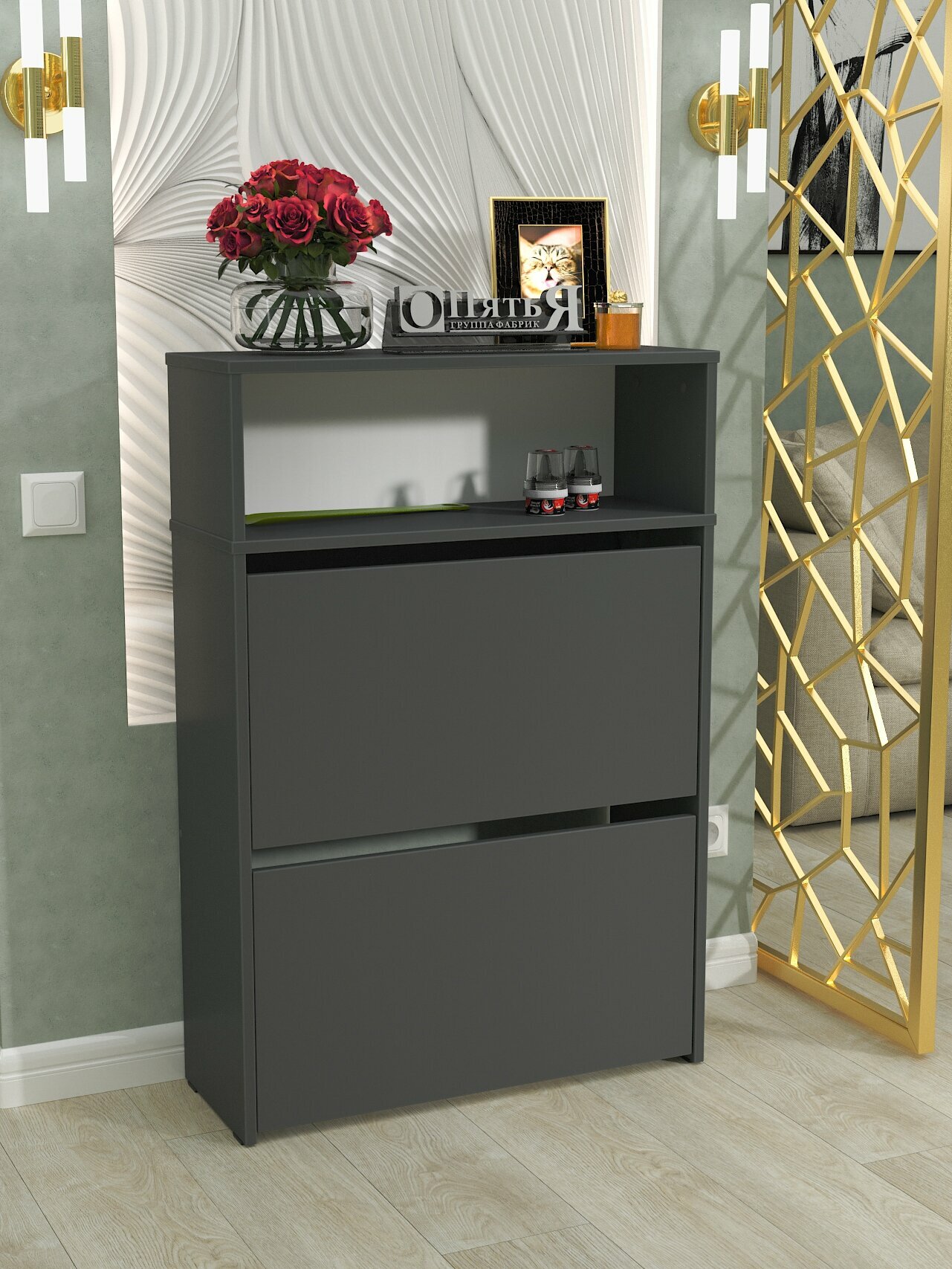 Обувница №2 в прихожую закрытая, высокая, узкая, деревянная, тумба для обуви 2 ящика + 1 полка