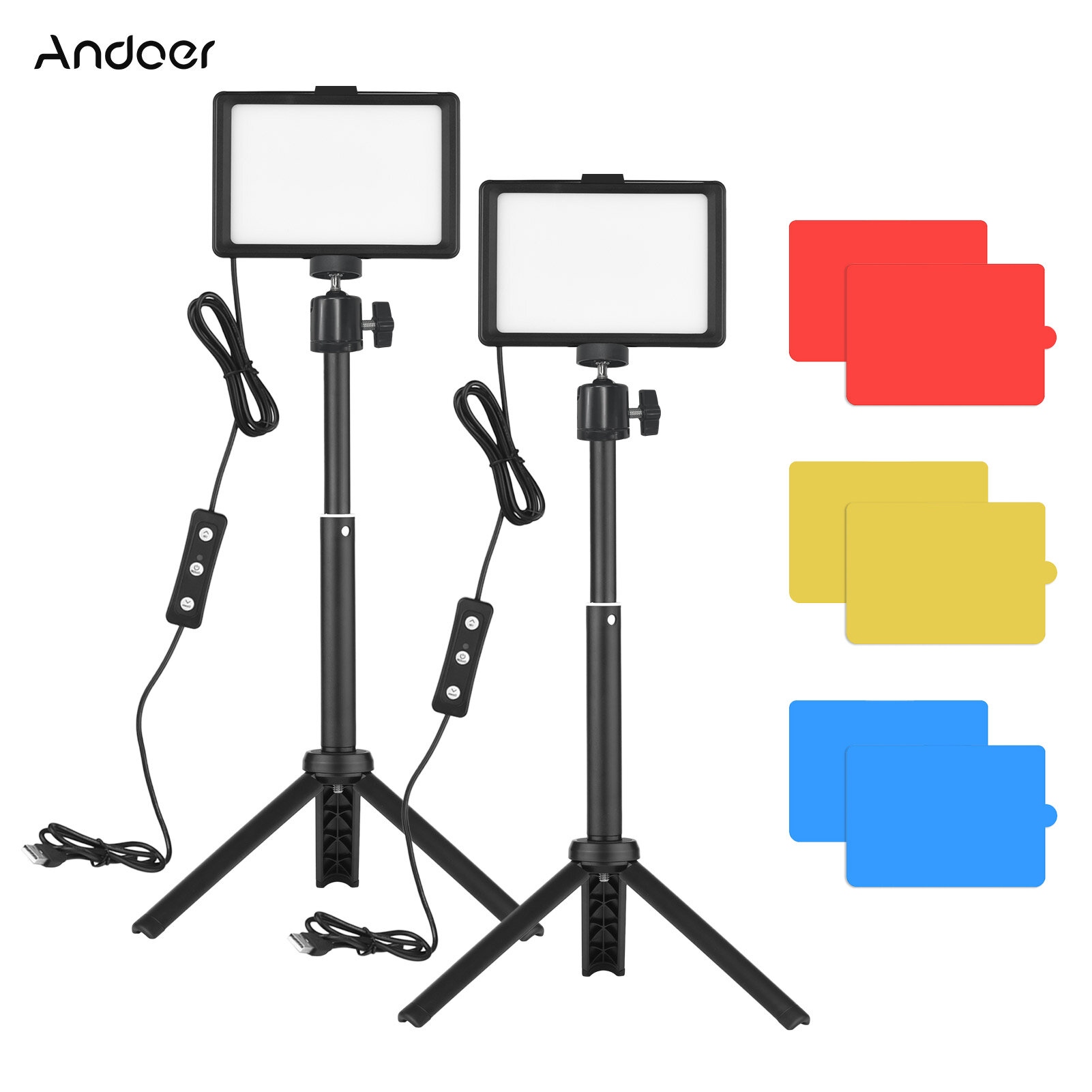 Andoer USB Video Conference Комплект освещения с 2 * светодиодными видео Lights 5600K Dimmable + 2 * рабочего стола + 2 * 180 ° Вращающийся монтажный адаптер + 8 * цветовые фильтры (красный/желтый/синий) для режима трансляции в прямом эфире