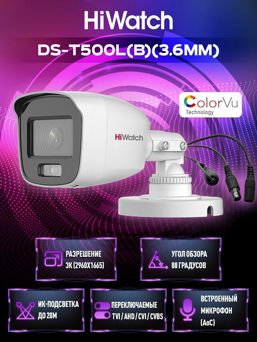 HiWatch DS-T500L(B)(3.6 mm) TVI Камера цилиндрическая