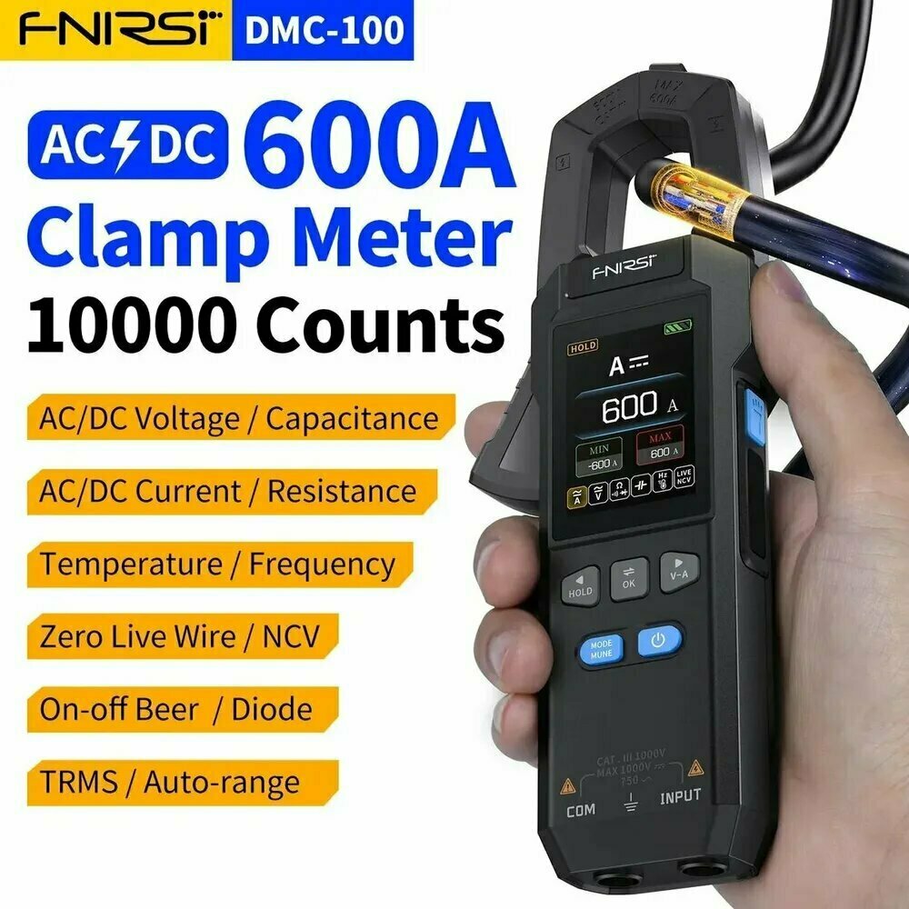 Мультиметр с клещами FNIRSI DMC-100, диапазон 750 В/600 А, цветной TFT-экран, измерение температуры -55~1300°C
