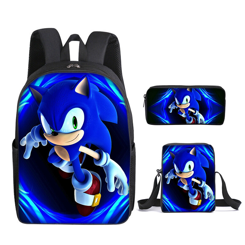 Трансграничная популярная школьная сумка SONIC Sonic, набор из трех предметов, рюкзак с аниме-мультфильмом, сумка через плечо, пенал