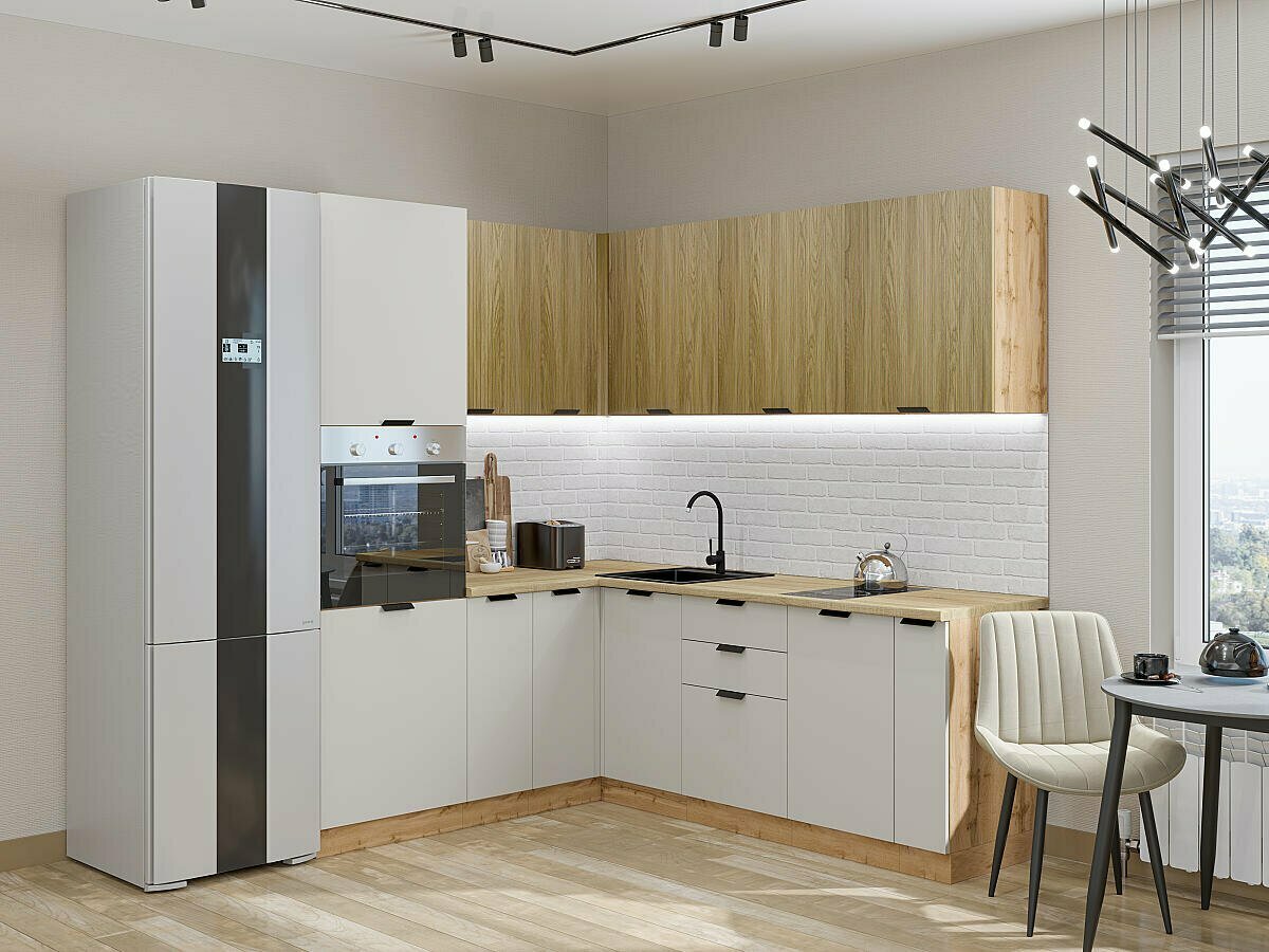 Кухня модульная угловая МДФ фасады, ЛДСП корпус, матовая со столешницей Евро Лайн-04 2140*1800-2150*600 Дуб песочный-Агат