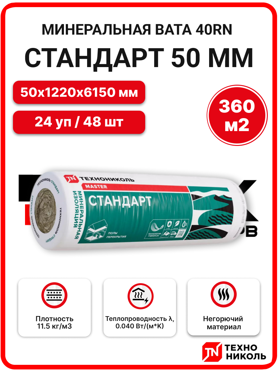 Технониколь 40RN Стандарт 50 мм (24 рул./ 360 м2 / 48 шт) минеральная вата на основе стекловолокна