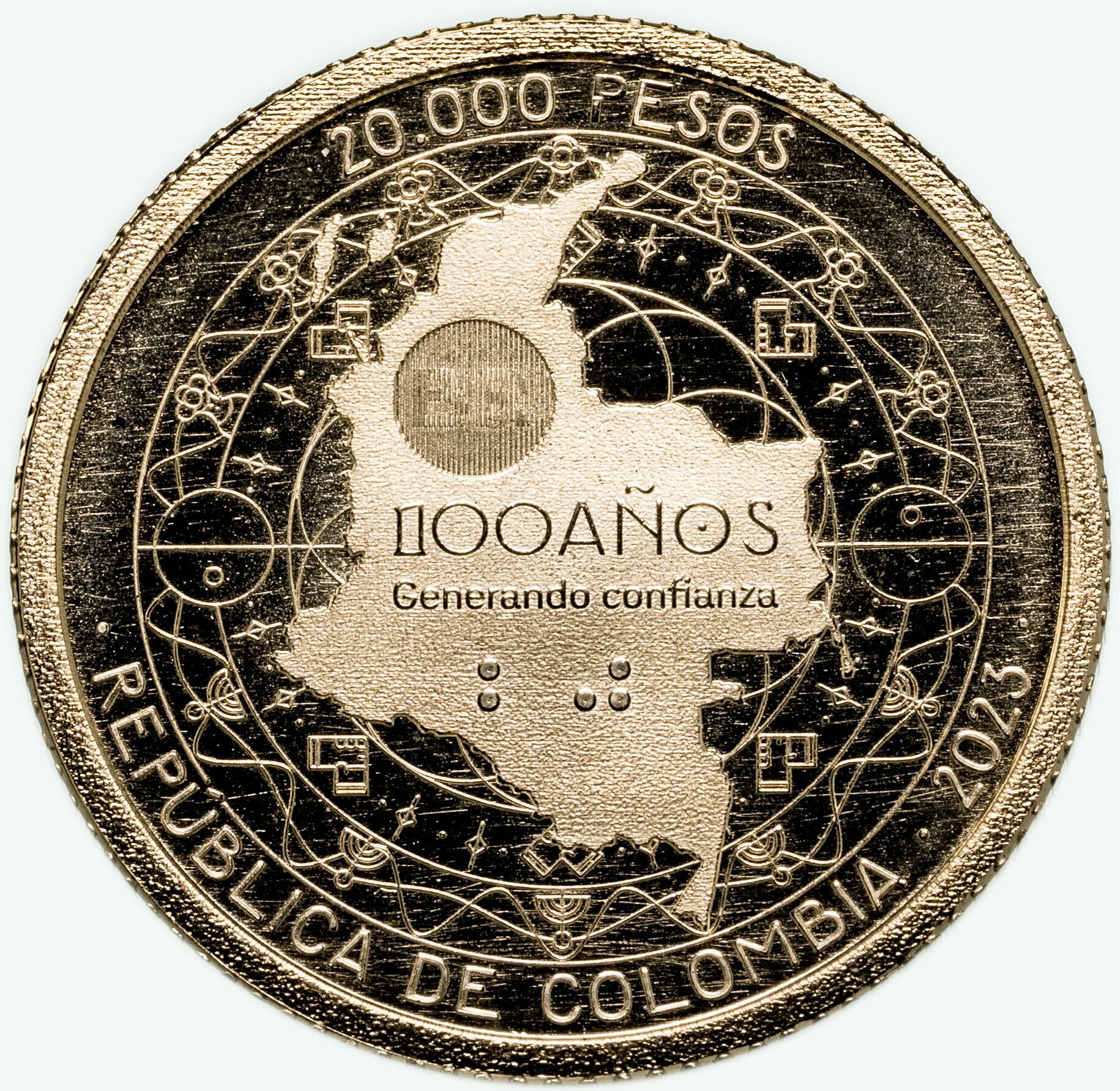 Колумбия 20000 песо 2023 "100 лет центральному Банку" в мешочке с сертификатом, МНЦ медь-никель-цинк, в сохранности UNC