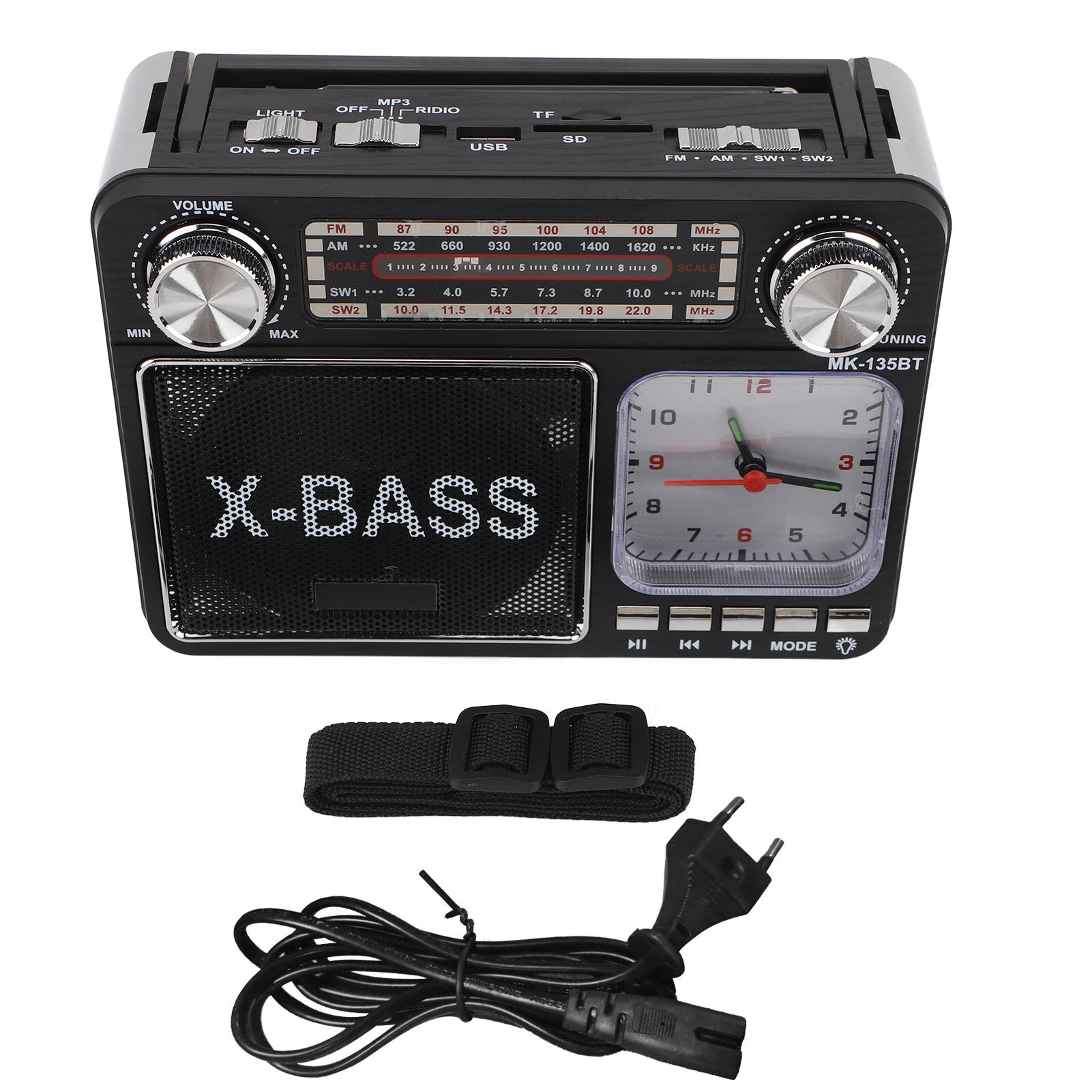BT Радио Беспроводная ручная настройка Портативное радио в стиле ретро AM FM SW со световыми часами Черная вилка европейского стандарта 220 В