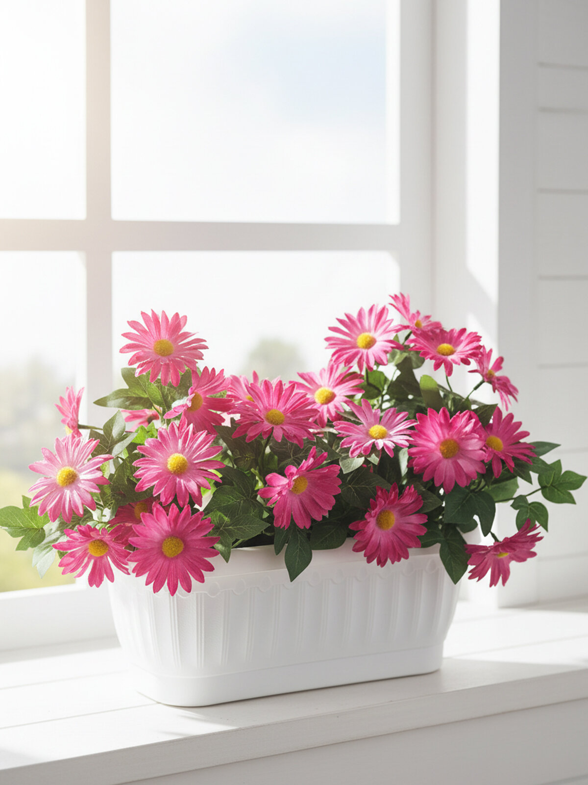 Хризантемы искусственные 2 букета малиновые в белом балконном ящике от ФитоПарк