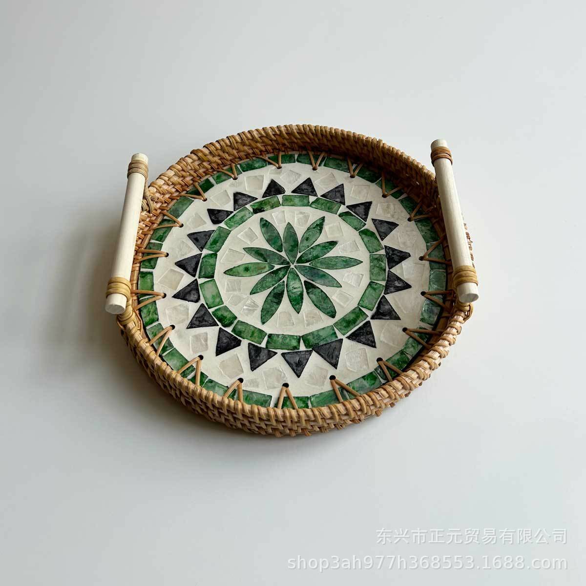 Вьетнамский поднос из ротанга с цветными ракушками, плетеная корзина для хранения закусок, поднос для десертов, фруктов, хлеба и чая