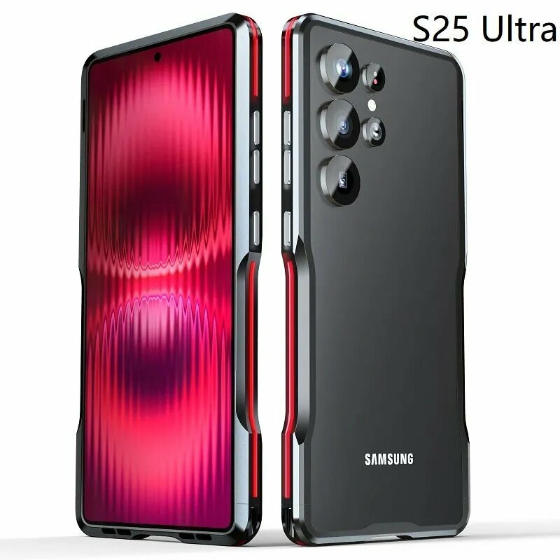 Цзинъянь-Металлический каркасный чехол для Samsung Galaxy S25 Ultra / Самсунг Галакси S25 Ультра , Ударопрочный бампер из алюминиевого сплава, черный и красный