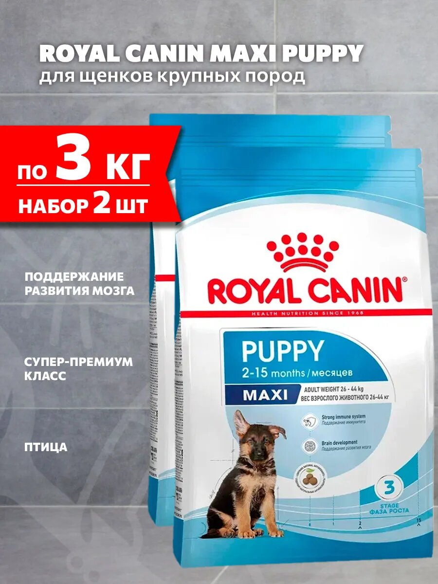 Корм сухой Royal Canin Maxi Puppy для щенков крупных пород, 3 кг х 2 шт