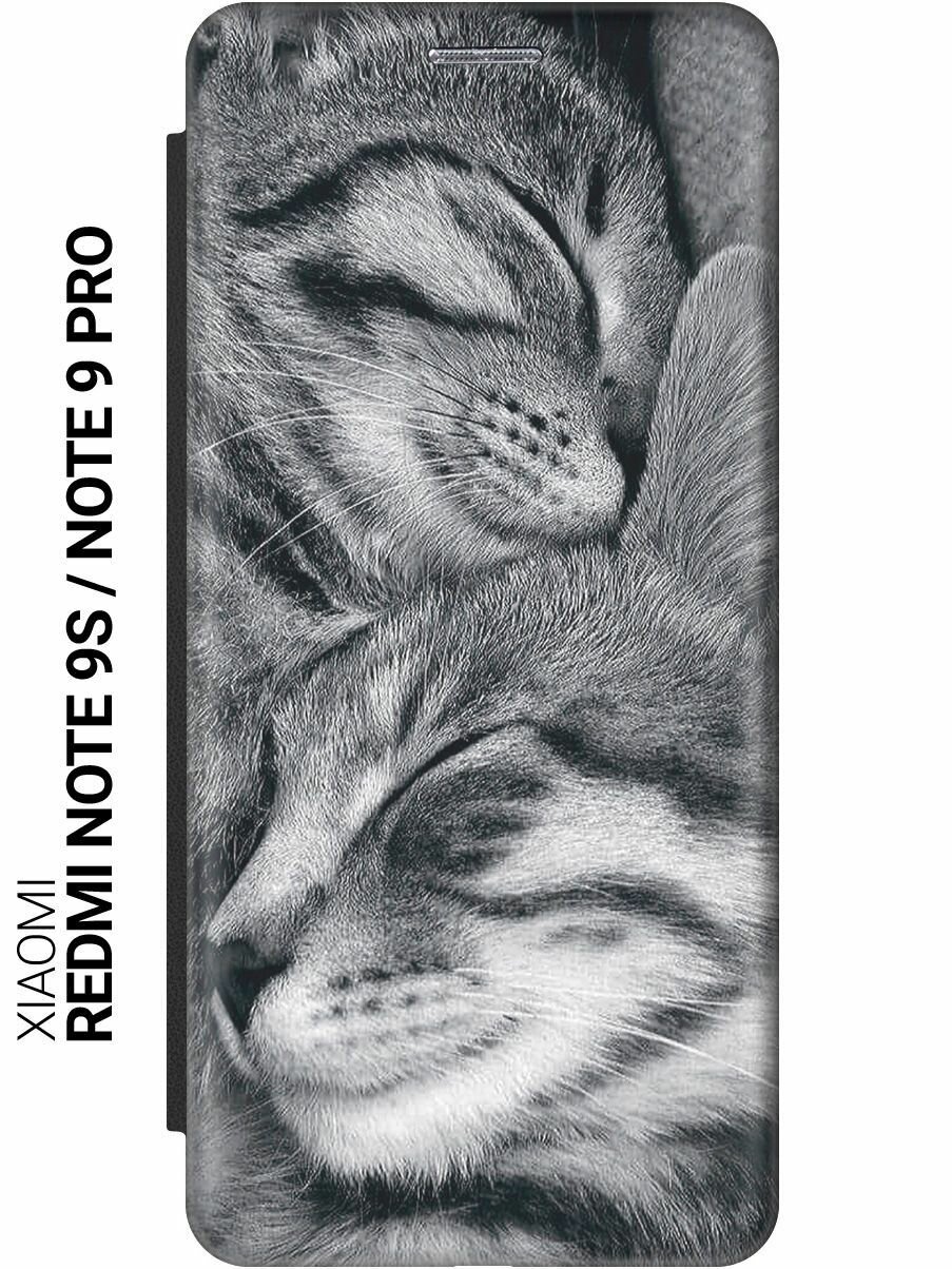 Чехол-книжка на Xiaomi Redmi Note 9s, Note 9 Pro, Сяоми Редми Ноут 9с, Ноут 9 Про c принтом "Милующиеся котики" черный