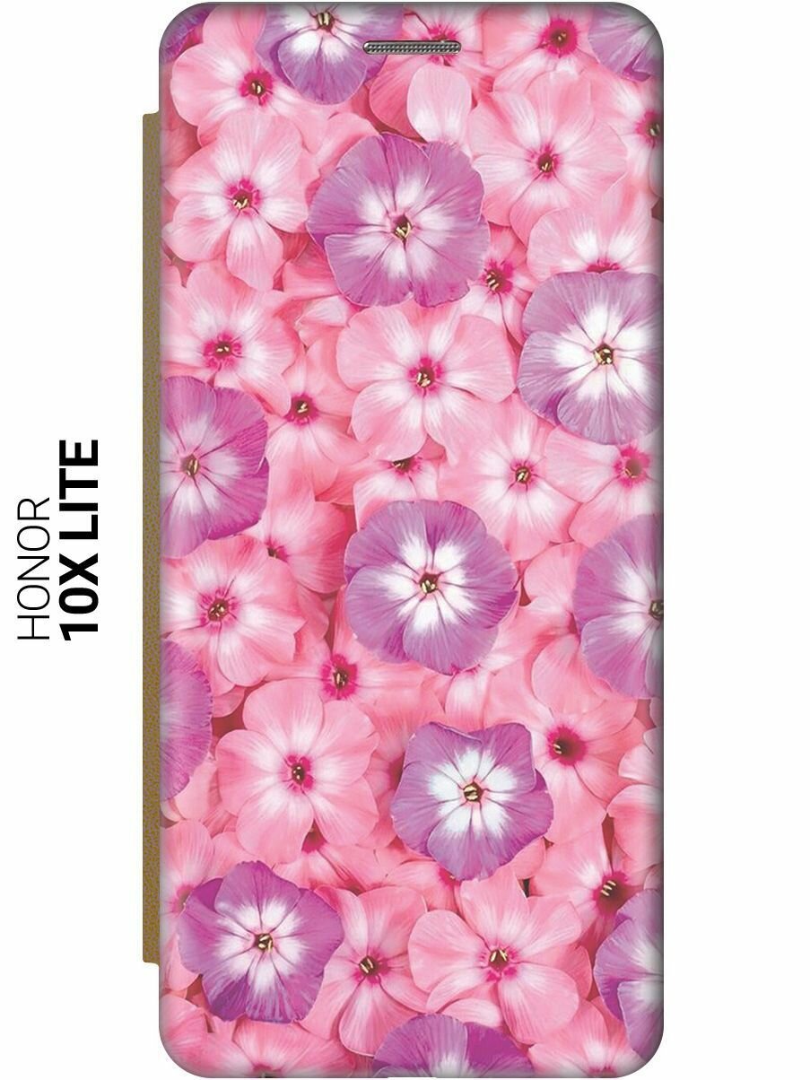 Чехол-книжка на Honor 10x Lite, Хонор 10Х Лайт c принтом "Розовые и фиолетовые филаки" золотистый