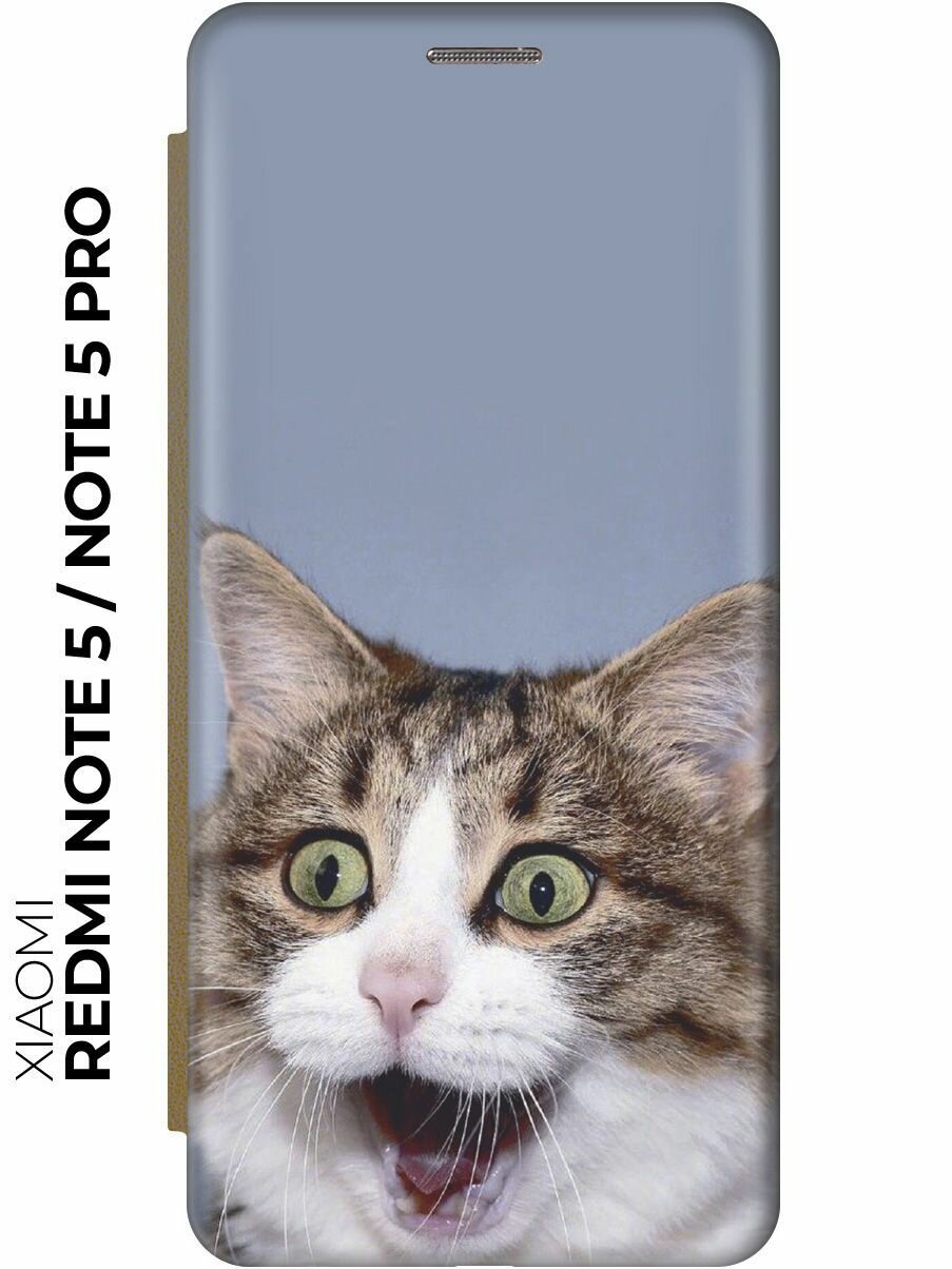Чехол-книжка Кошачье удивление на Xiaomi Redmi Note 5 / Note 5 Pro / Сяоми Редми Ноут 5 / Ноут 5 Про золотой
