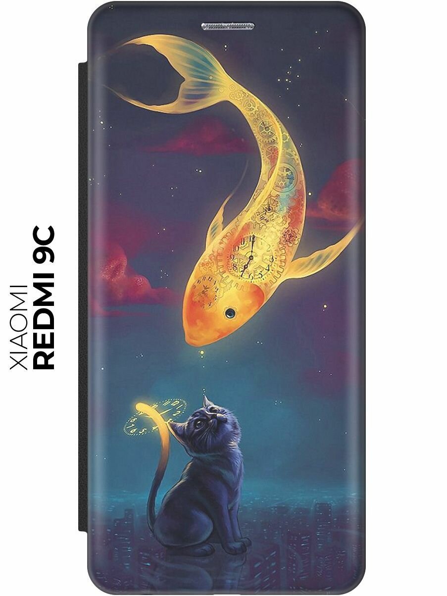 Чехол-книжка Кот и рыбка на Xiaomi Redmi 10A / 9C / Сяоми Редми 10А / 9С черный