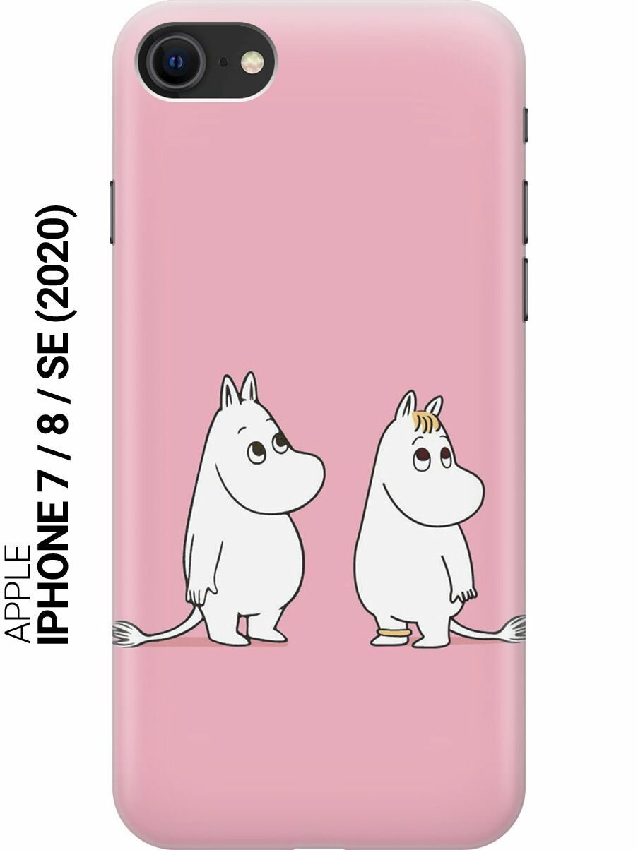 Силиконовый чехол на Apple iPhone SE (2022) / SE (2020) / 8 / 7 / Эпл Айфон СЕ 2022 / СЕ 2020 / 8 / 7 с рисунком "Муми-тролли на розовом"
