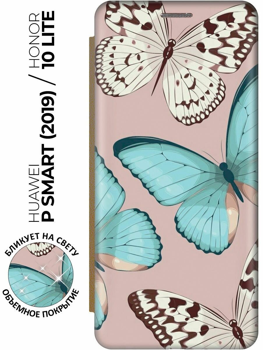 Чехол-книжка Бабочки на Honor 10 Lite / Huawei P Smart (2019) / Хуавей П Смарт (2019) / Хонор 10 Лайт с эффектом блика золотой