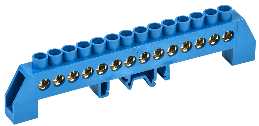 Шина N "ноль" IEK ШНИ-8х12-14-КС-С, латунь, 125А, 400В, 14 контактов, сечение 8х12, синий цвет