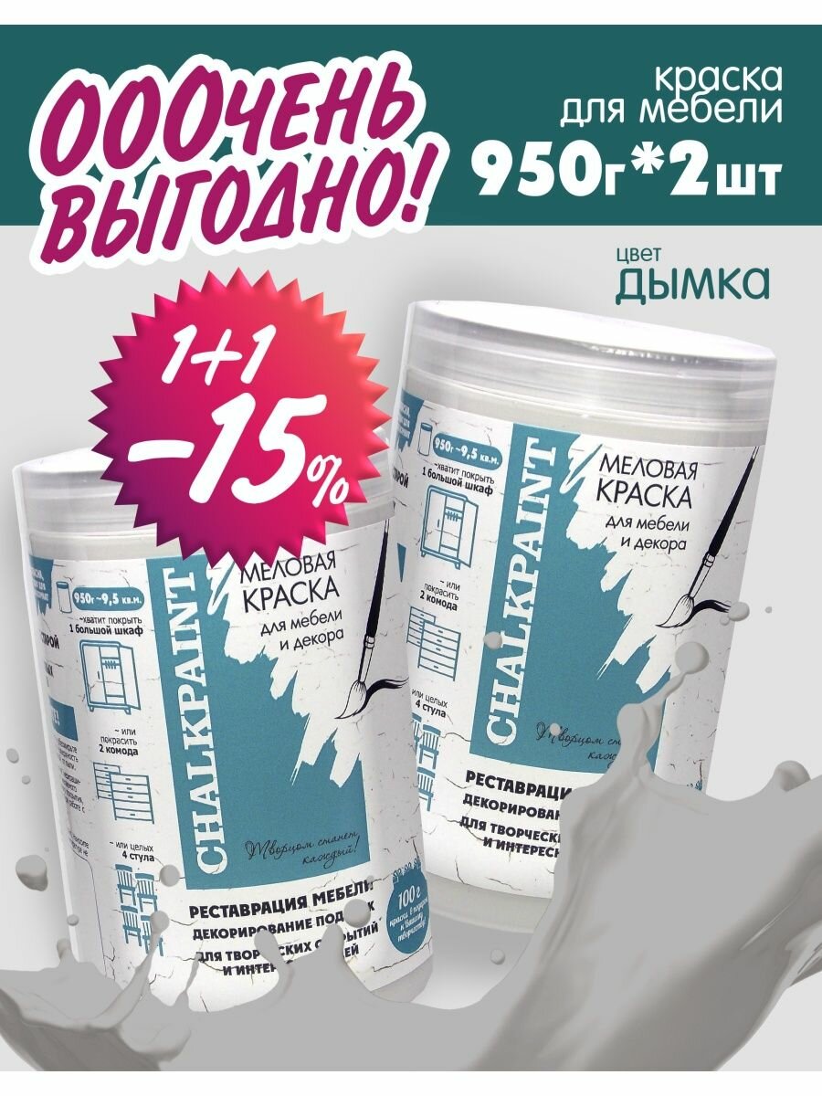 Краска меловая для мебели Chalky Paint, дымка, 950 г, набор 2 шт
