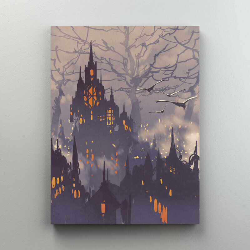 Интерьерная картина на холсте "Зловещий замок в лесу и летящие вороны" размер 22x30 см
