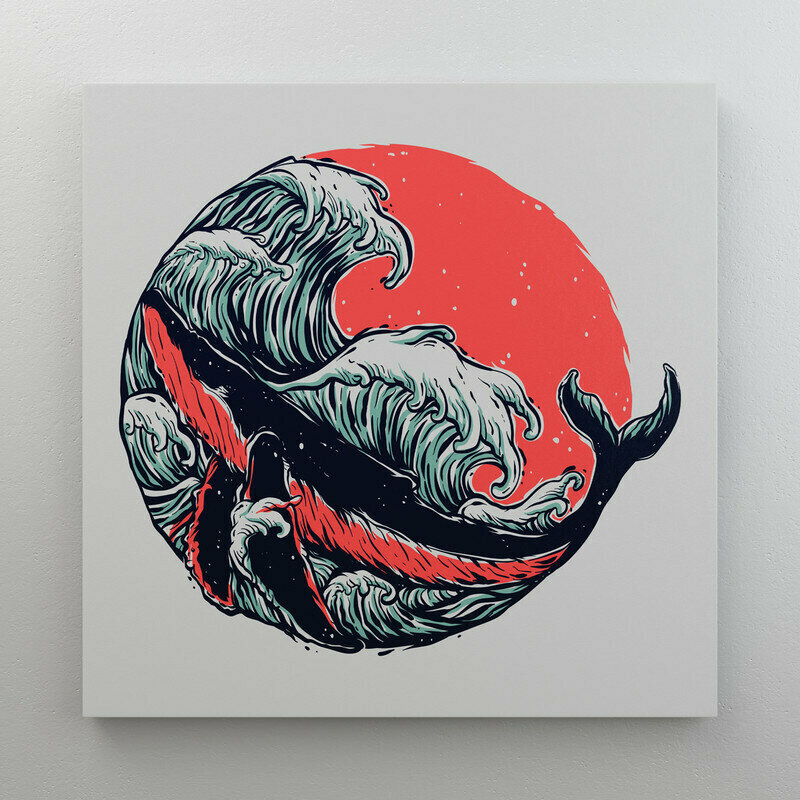 Интерьерная картина на холсте "Винтажный постер - кит и волны" размер 60x60 см