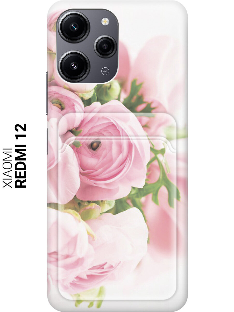 Чехол с карманом для карт на Xiaomi Redmi 12, Сяоми Редми 12 с принтом "Розовые розы"