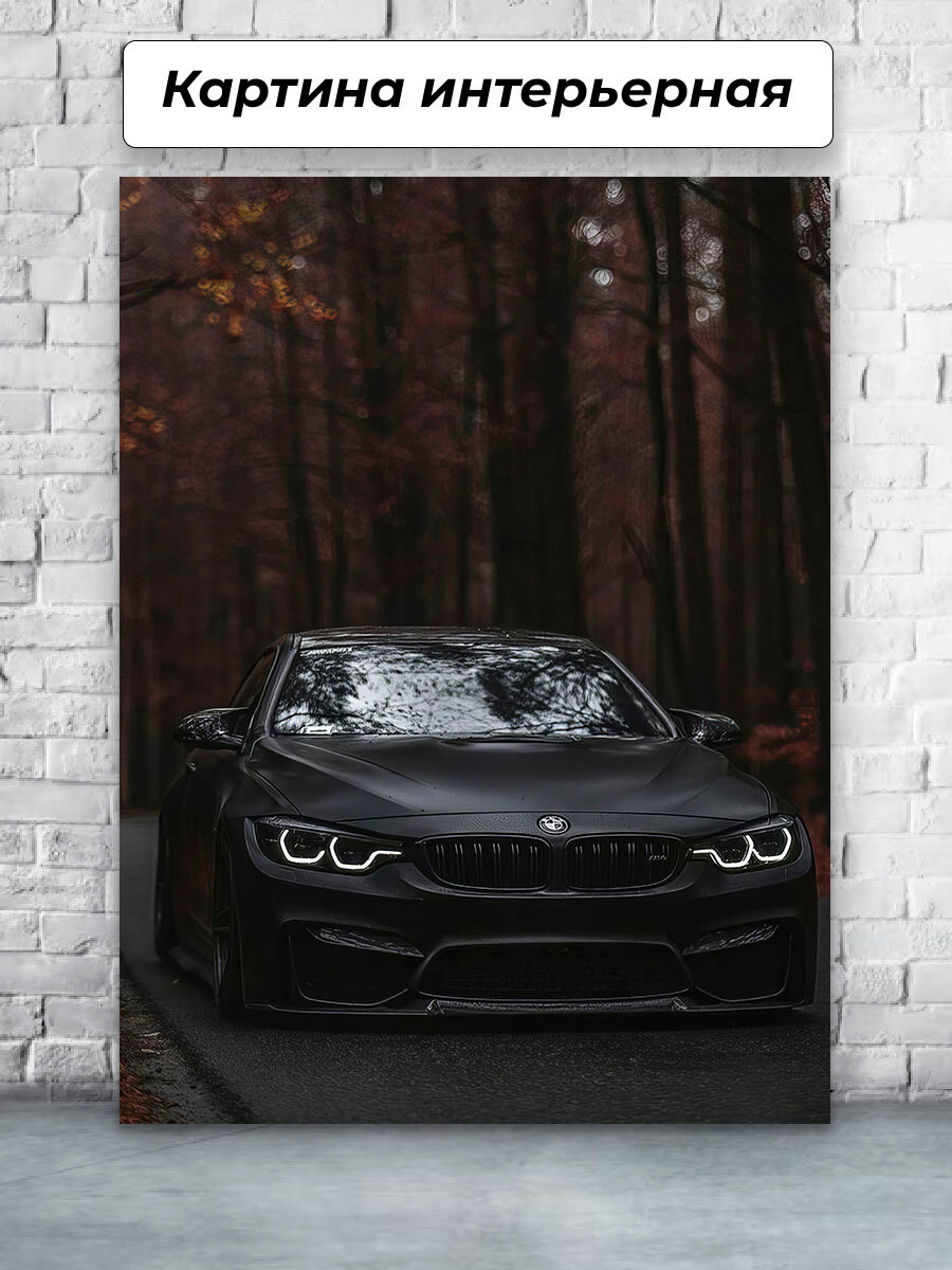 Картины для интерьера 30х40 Бмв черная машина лес осень