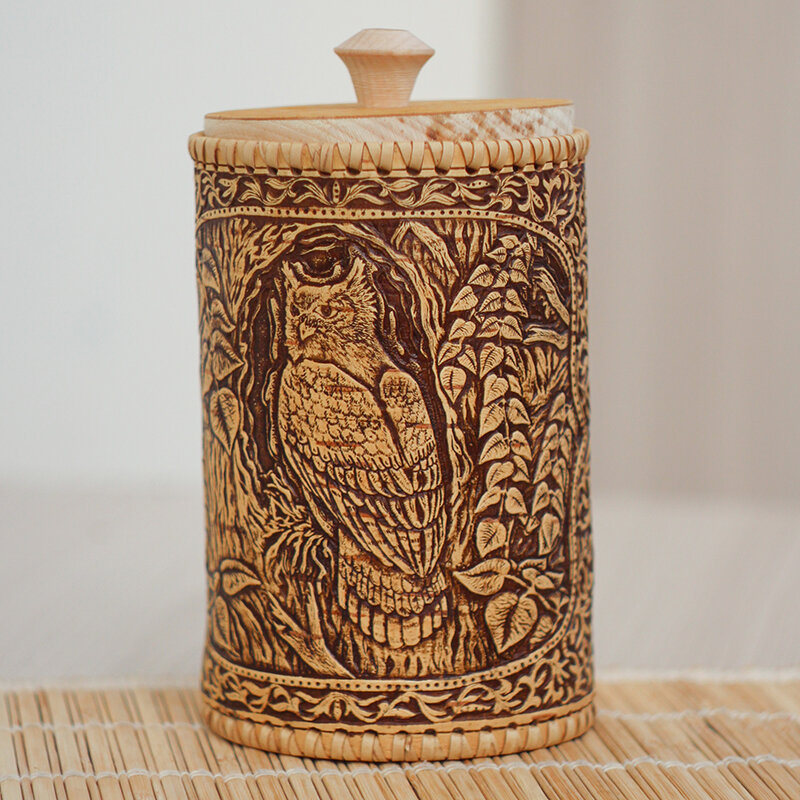 Туес большой "Филин". 900мл 10*10*17. Береста. Ручная работа.