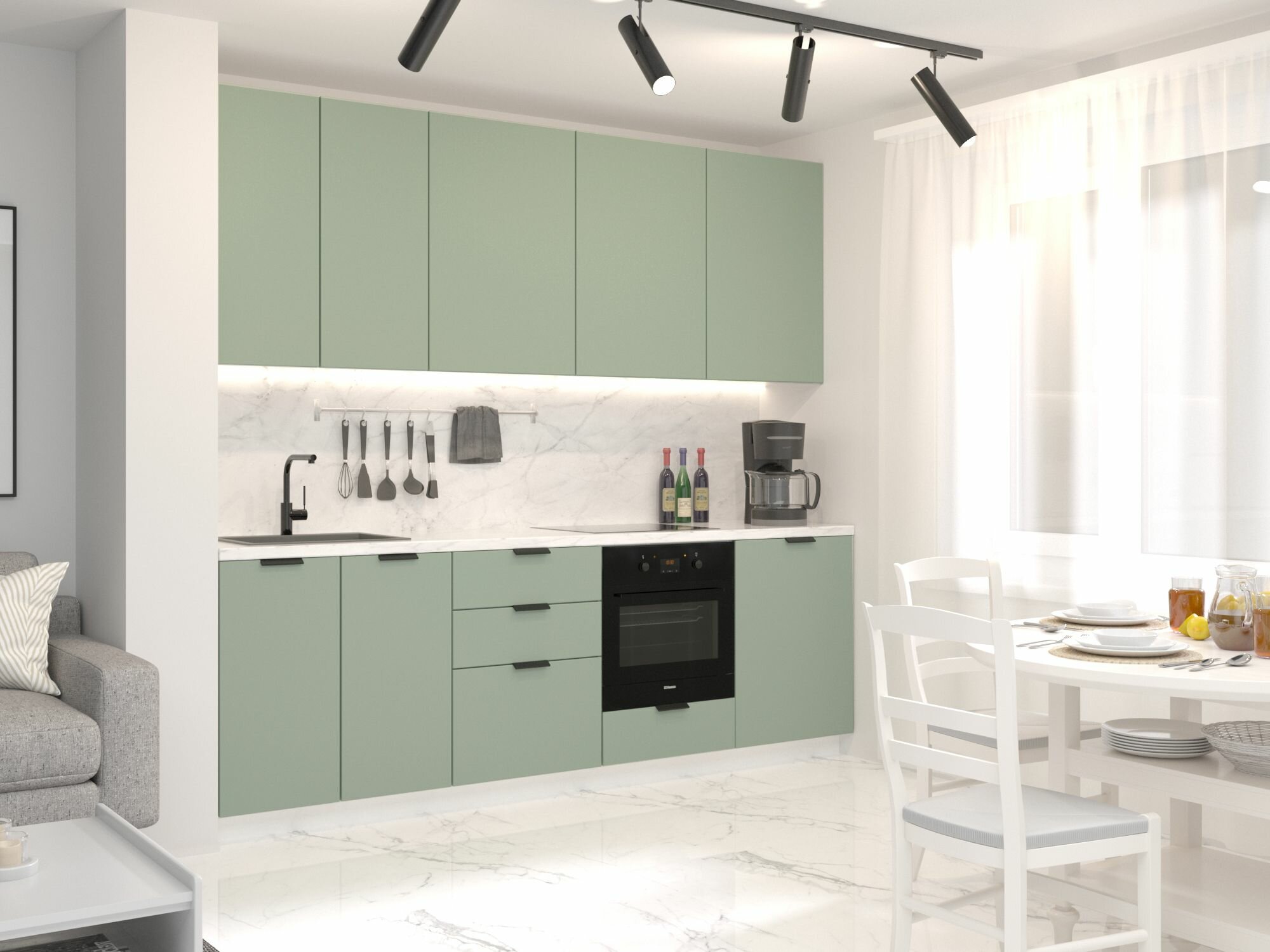 Кухонный гарнитур Фьюжн, Зеленый матовый, 2600 мм