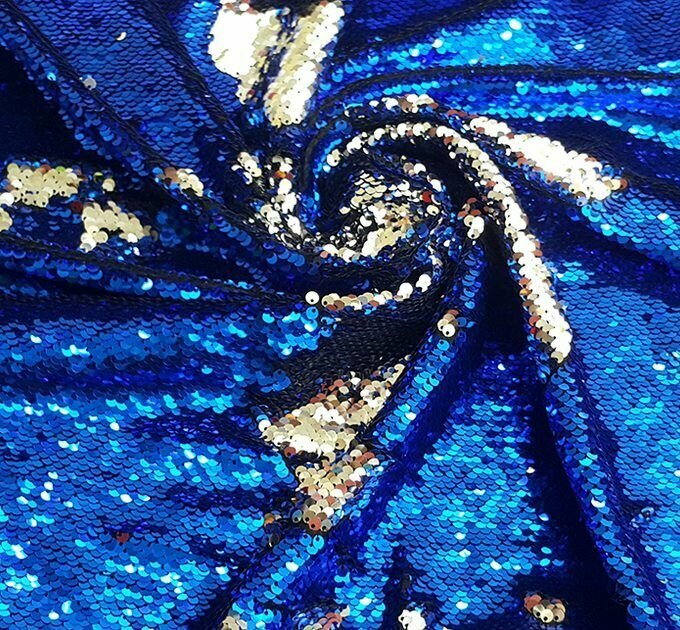 Ткань для шитья Сетка пайетки 3D "Голливуд" двухцветные электрик и серебро, отрез 100*145 см