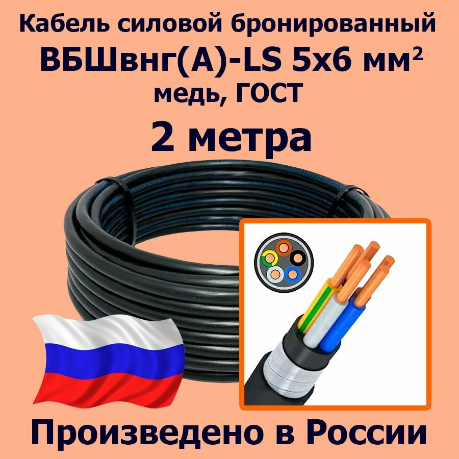 Кабель силовой бронированный ВБШвнг(А)-LS 5х6 мм2, медь, ГОСТ, 2 метра