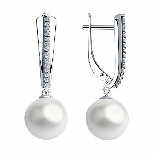 Серьги с подвесками, серебро, 925 проба, родирование, фианит, жемчуг культивированный