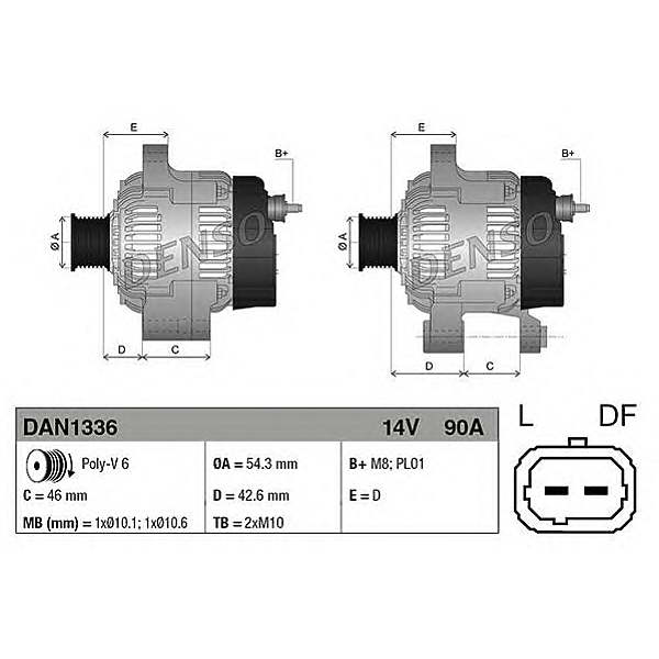 DENSO DAN1336 (063321734010 / 063341734010 / 063533483010) генератор psa 206 (98-) Xsara (Ксара) (97-) Berlingo (Берлинго) (96-)