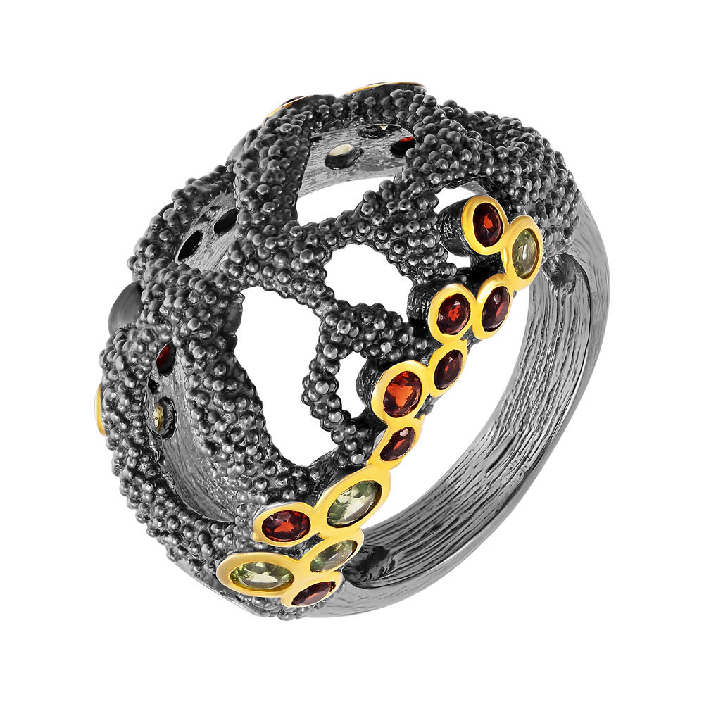 Кольцо, серебро, 925 проба, перидот, гранат