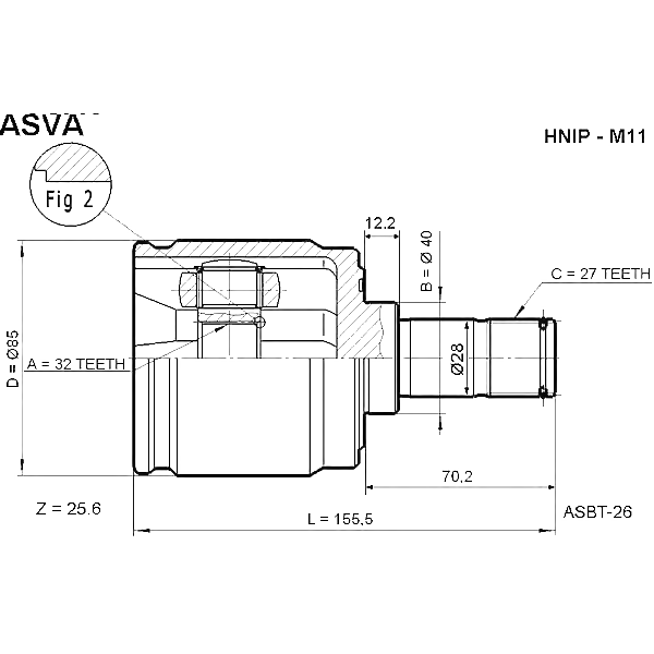 ASVA hnip-m11 (44310SM4310 / 44310SMTG00 / 44310TA0A60) шрус внутренний правый 32x40x27(58.5) Honda (Хонда) Honda (Хонда)