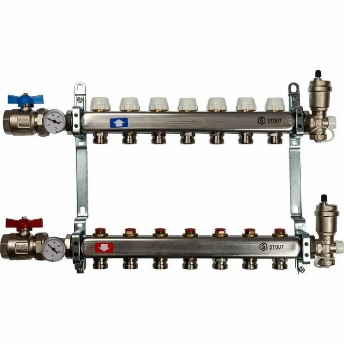 Коллектор STOUT с запорными клапанами, в сборе без расходомеров, 7 вых.