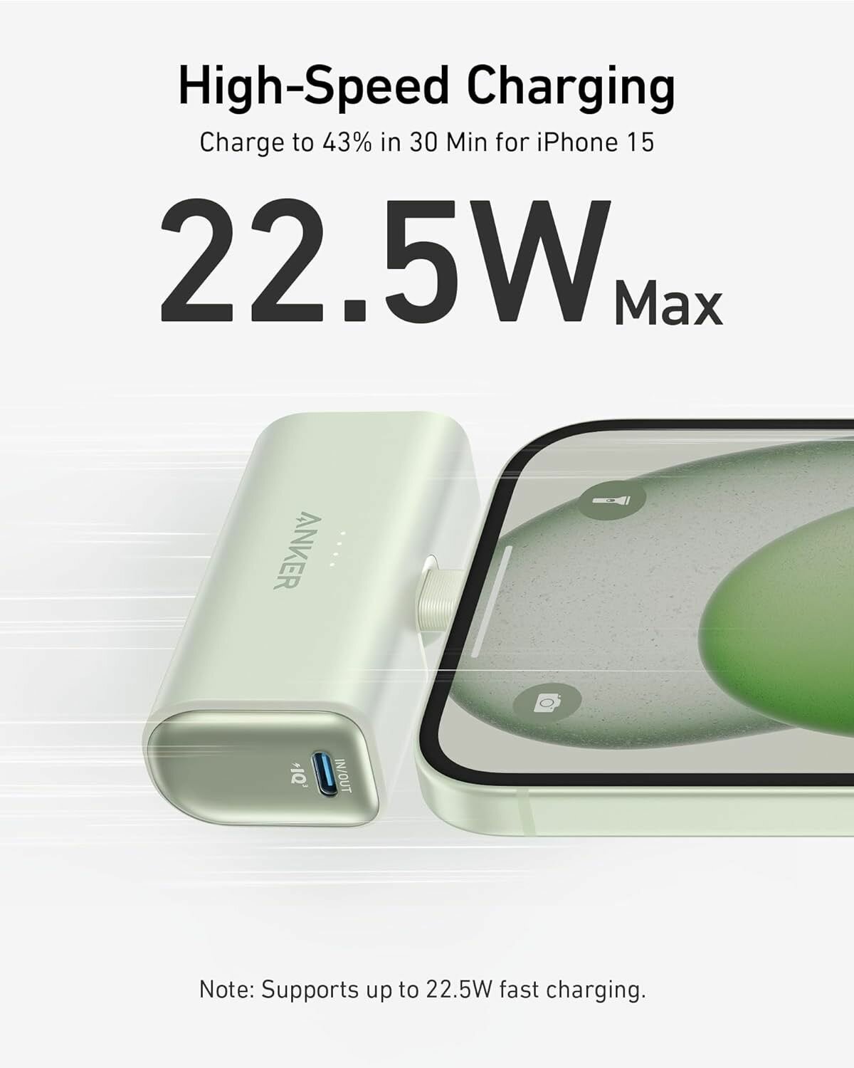 Внешний аккумулятор Anker Built-in USB-C Connector, 22.5W 5000mAh (складная вилка для быстрой зарядки) - Green