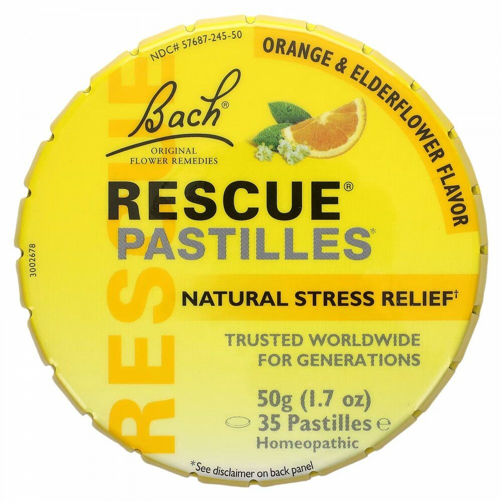 Bach, Rescue®, пастилки для снятия стресса природным способом, со вкусом апельсина и бузины, 35 пастилок, 50 г (1,7 унции)