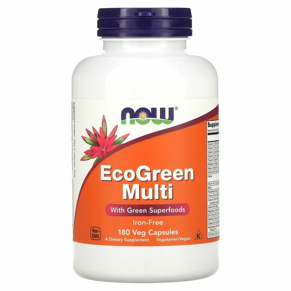 NOW Foods, Мультивитамины EcoGreen, без железа, 180 растительных капсул