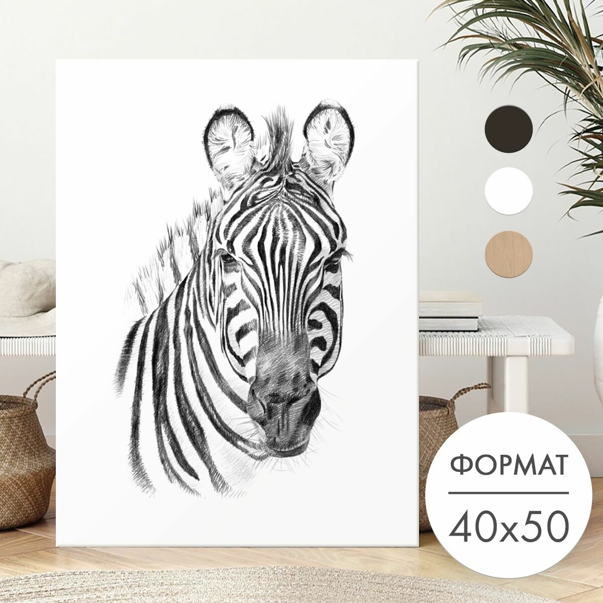 Постер 40х50 без рамки "Зебра" для интерьера