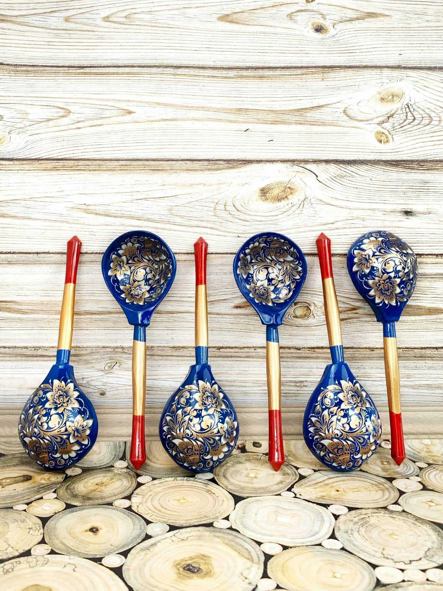 Ложки деревянные музыкальные, столовые, народные музыкальные инструменты, ручная авторская роспись, синие, 6 шт.