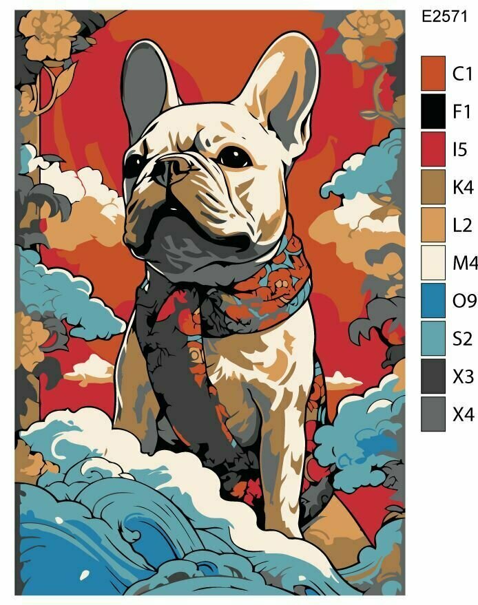 Детская картина по номерам E2571 "Французский бульдог с японским мотивом" 20x30