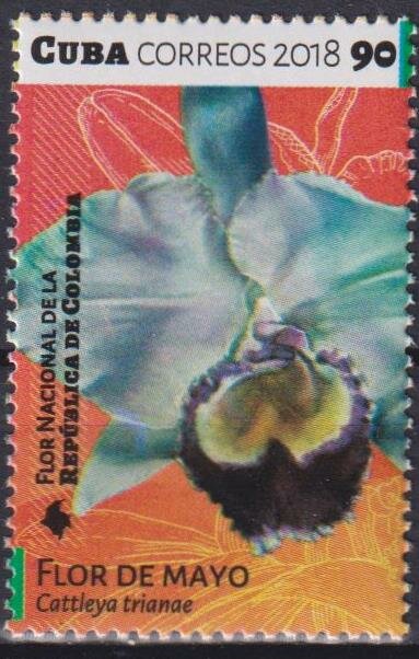 Почтовые марки Куба 2018г. "Орхидея Cattleya trianae - национальный цветок Колумбии" Цветы, Орхидеи MNH