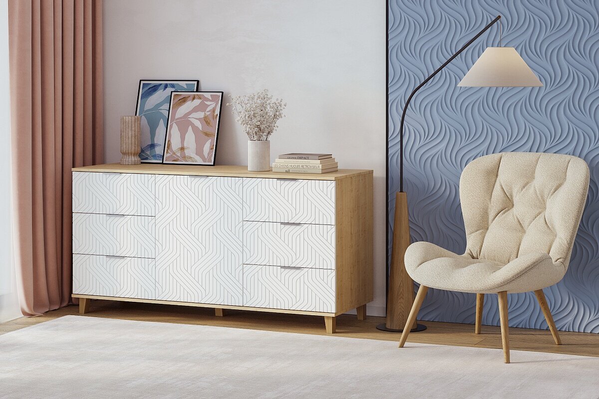 Комод МебельЛэнд24 Марвин 33.1 фрезеровка 3 Белый 150x40x70 однодверный с 6 ящиками