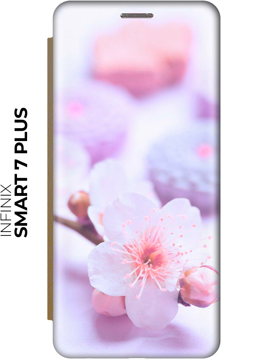 Чехол-книжка на Infinix Smart 7 Plus / Инфиникс Смарт 7 Плюс с рисунком "Цветок вишни" золотистый