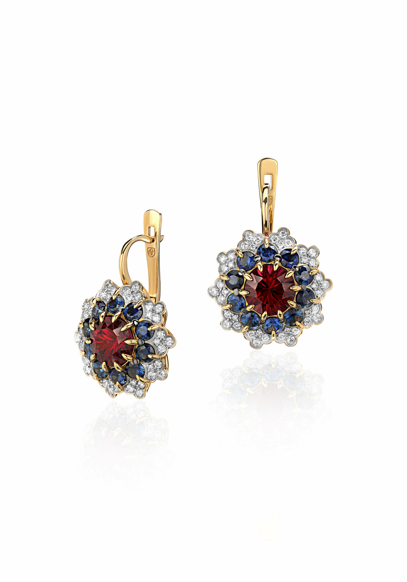 Серьги Эстет, желтое золото, 750 проба, сапфир, бриллиант