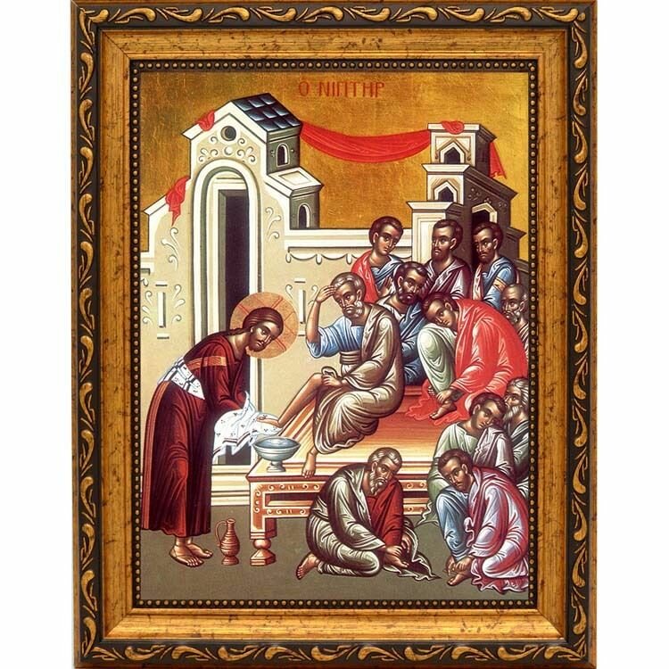 Омовение ног. икона Иисуса Христа на холсте. (15 х 20 см / В раме)