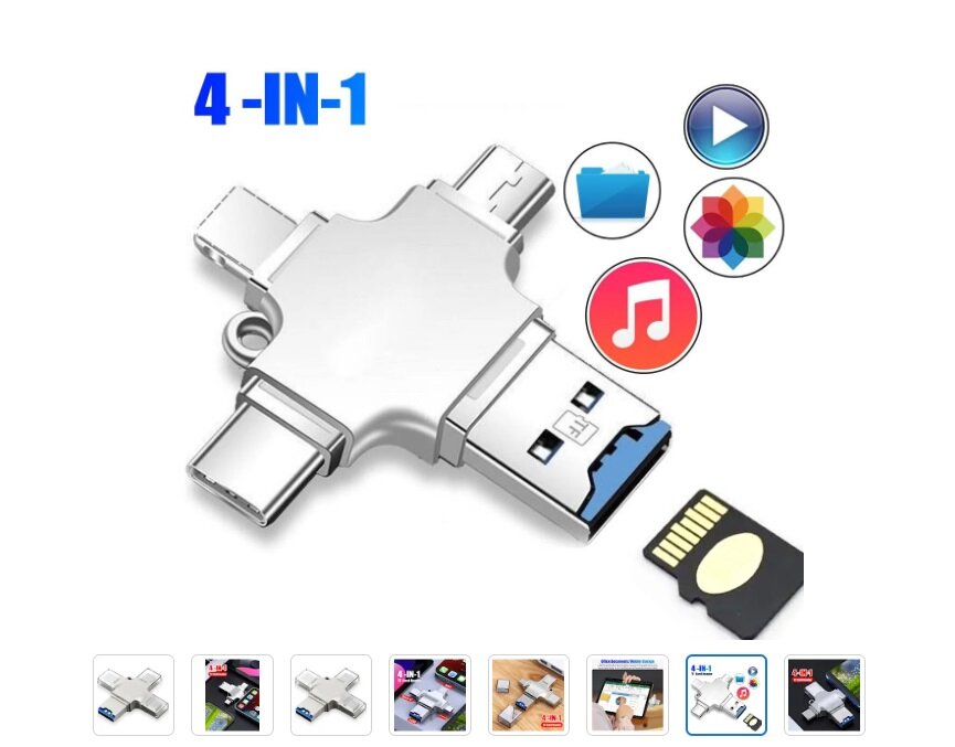 Переходник даптер OTG3.0 Connection Kit 4 in 1, USB 3.0 (M) to micro SD/Lightning/micro USB/Type-C (M), Серебристый