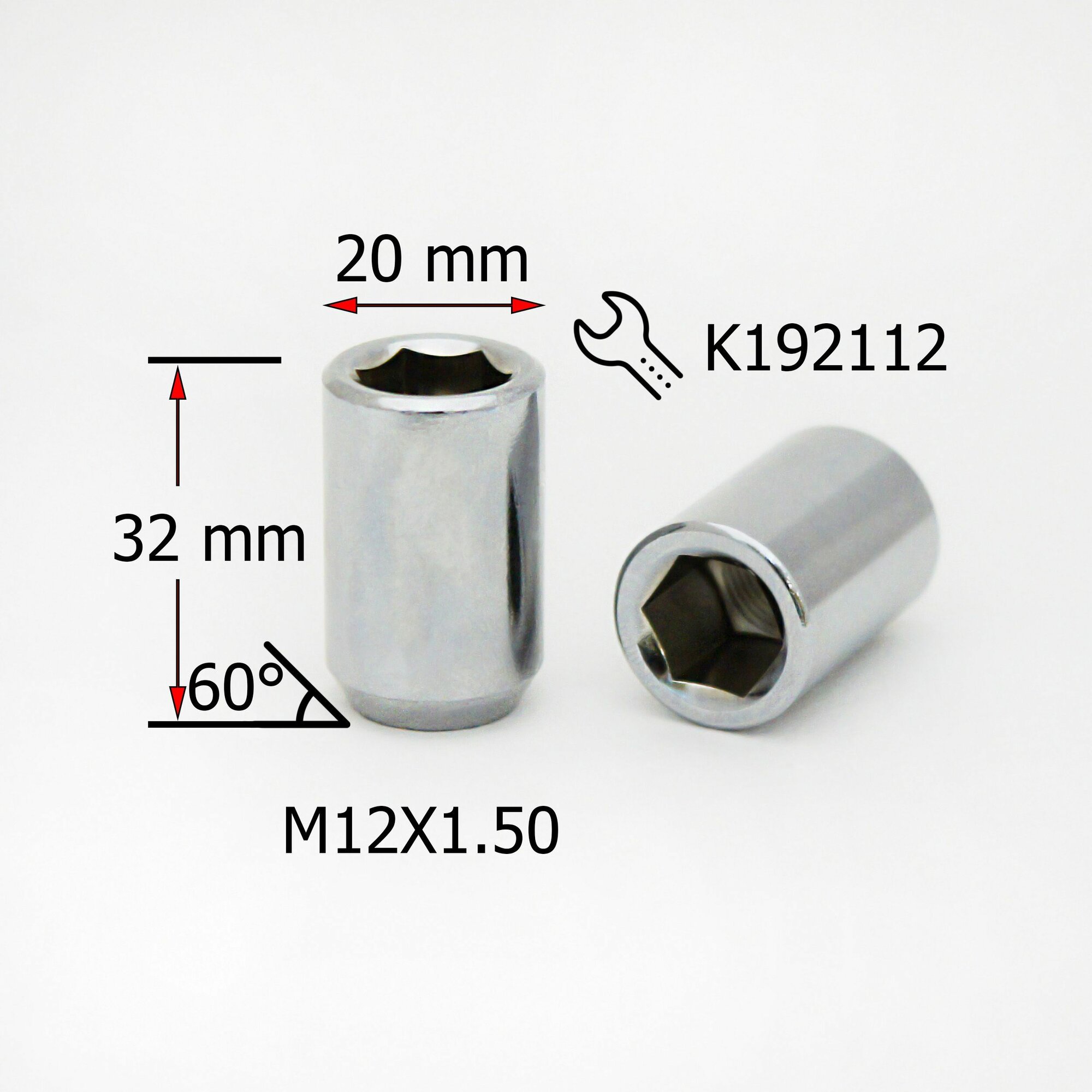 Гайка колесная M12х1,5 высота 32мм, диаметр 20мм, Хром, ключ шестигранник 12мм(К171912), 20 штук