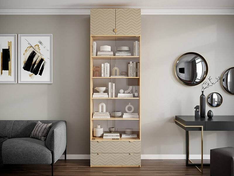 Книжный шкаф с полками и ящиками "Гринвич" 80х250х40 Дуб крафт золотой / Мокко