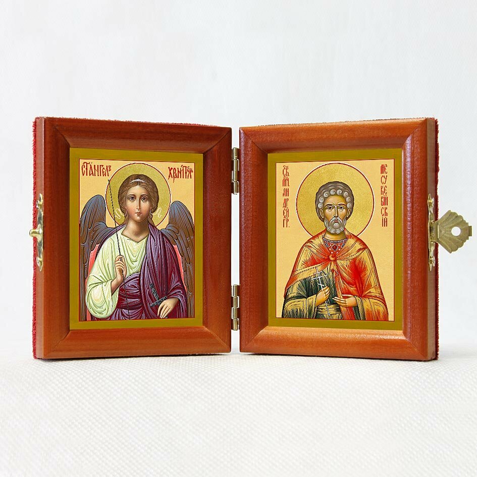 Складень именной "Мученик Андрей Месукевийский, Грузинский - Ангел Хранитель", из двух икон 8*9,5 см