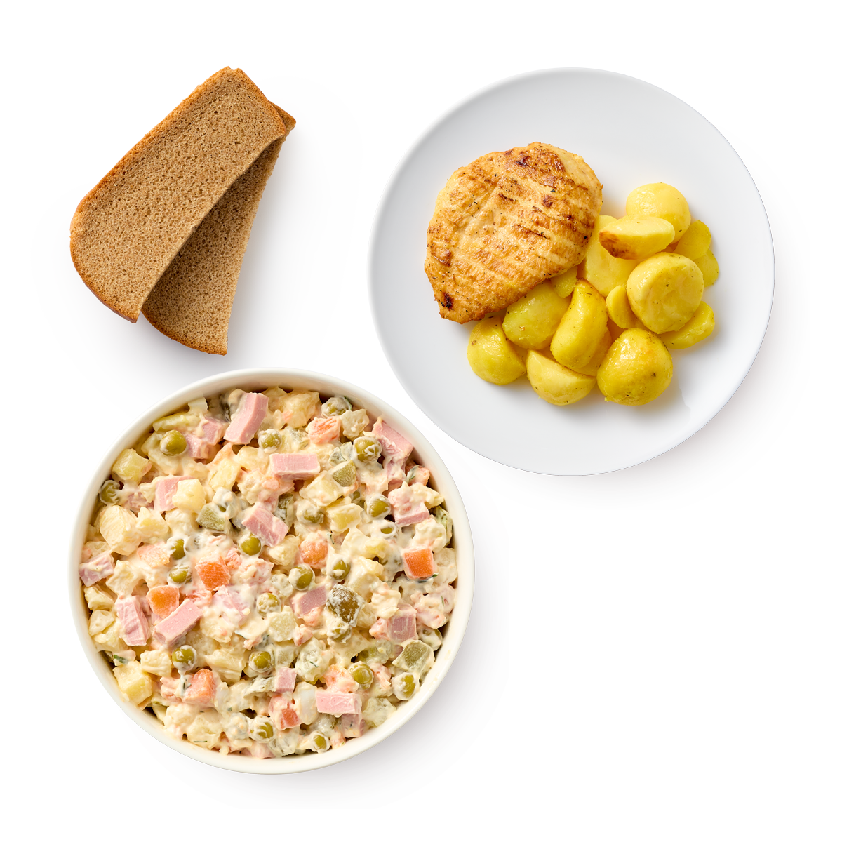 Комплексный обед №27 Отбивные из курицы, картофель зарумяненный, салат Оливье, хлеб «Домашний очаг»